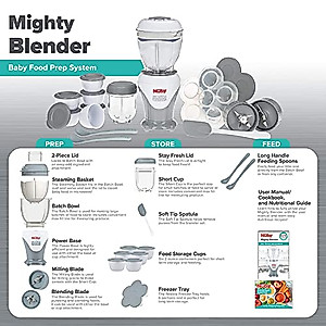 Nuby Mighty Blender with Cookbook - 22-Piece Baby Food Maker Set for Different Baby Weaning Stages - Cool Gray Design