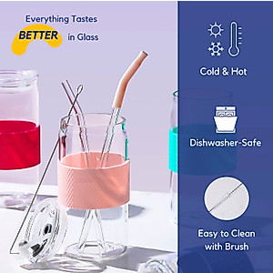 ColoVie Reusable Glass Drinking Straws 6 Straight + Silicone Tips with Curved Bend 6 Pack(BPA Free, Food grade, Non-Rubber) + Cleaning Brush 2 Pack, Clear, Safe, Durable, Stirring, for Tumbler