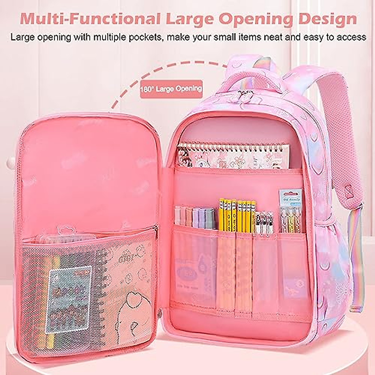 BYXEPA Girls Backpack, 16.5 * 13.5 * 7 inches School Backpack for Girls, Lightweight Kids Backpack with Compartments, Kids' School Book Bag for Elementary Student (Pink)