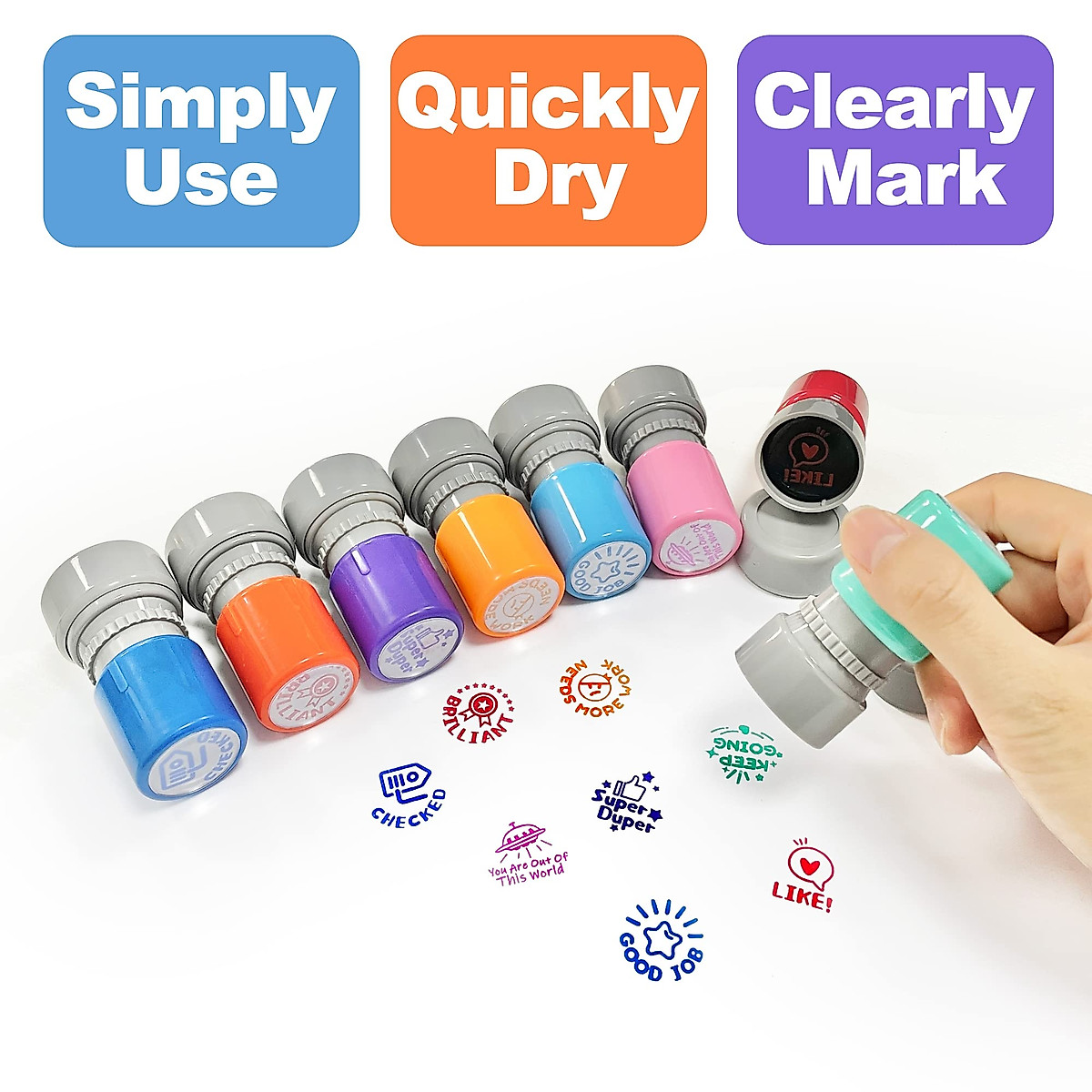 Round Teacher Stamps for Grading Classroom, Set of 8 Color Rubber Teacher Self-Inking Stamp Set for Homework Teacher Supplies