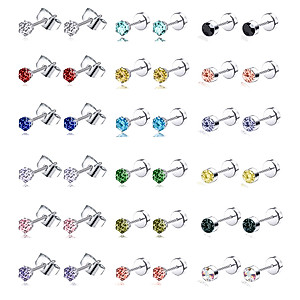 Tornito 20G 18 Pairs Stainless Steel Multicolor CZ Stud Earrings Set Piercing Cartilage Helix Earrings Set Screwback for Women 3MM-5MM