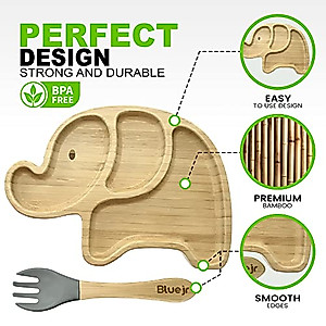 Bluejr Elephant-Shaped Bamboo Plate & Fork Set - Fun & Secure Dining for Toddlers, Babies - Silicone Suction, Three-Compartment Wooden Kids Plate, Eco-Friendly Animal-Shaped Dish Set