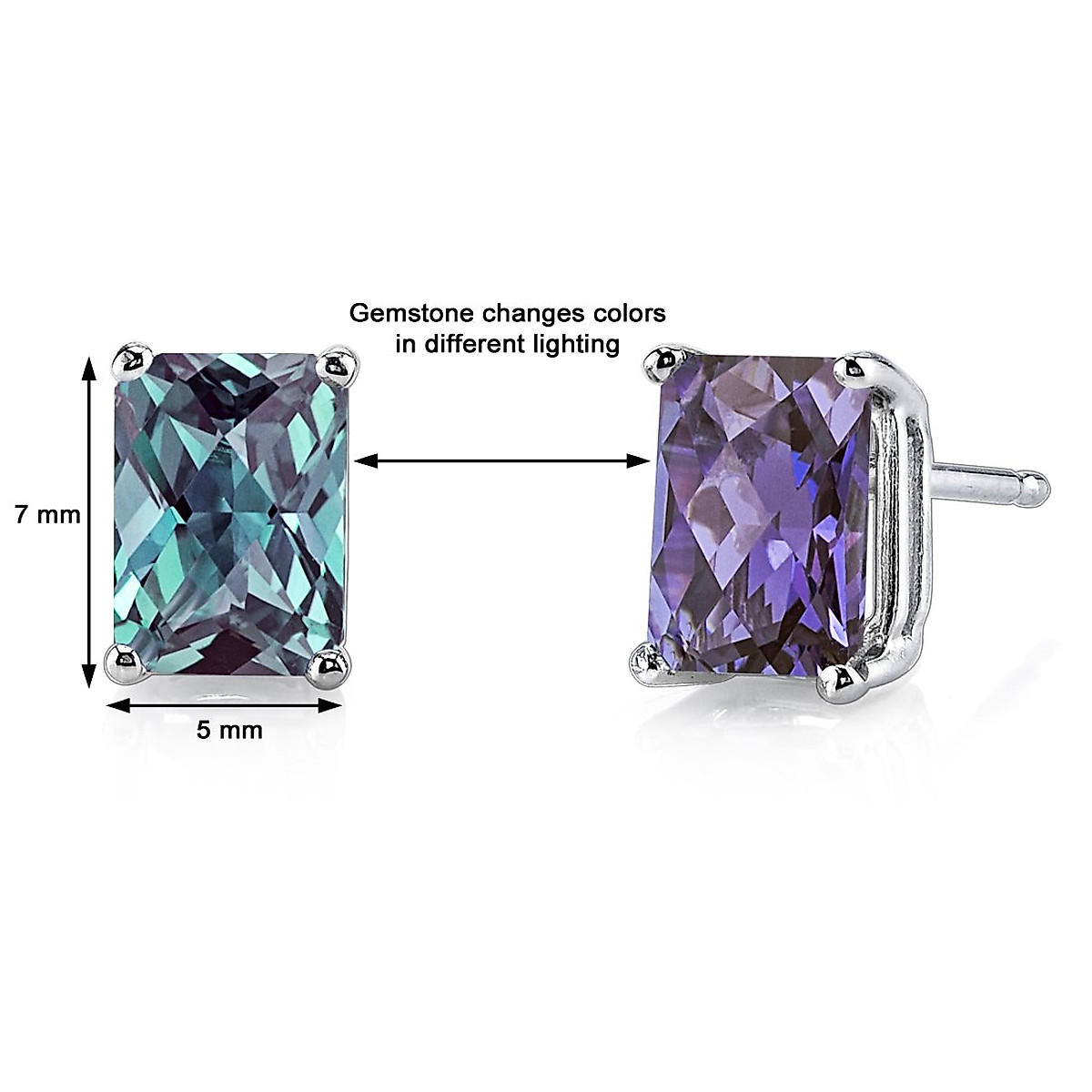 Peora 14K White Gold Created Alexandrite Earrings for Women, Color-Changing Solitaire Studs, 2.50 Carats Radiant Cut, Friction Back