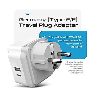 Ceptics European Plug Travel Adapter Set, 20W PD & QC, Safe Dual USB & USB-C - 2 USA Socket - Compact - Use in Germany, France, Italy, UK - Includes Type E/F, Type C, Type G SWadAPt Attachments