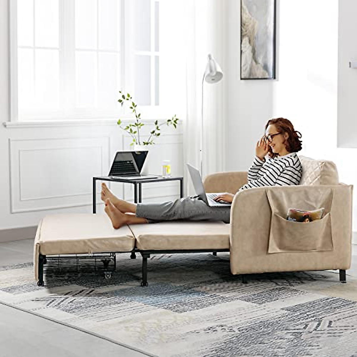 Antetek Sleeper Sofa Bed, 46-inch Faux Leather Loveseat Sleeper Sofa Couch with Pull-Out Bed, Small Love seat Sofa Single Bed with a Detachable Side Pocket for Living Room, Office, Camel