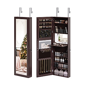 Bonnlo Jewelry Armoire Organizer with Mirror, Space-Saving 2 in 1 Wall Mounted/Door Hanging, Jewelry Cabinet with Keys, Bedroom Bathroom Cosmetics Storage Cabinet with 6 Shelves (Vintage White)