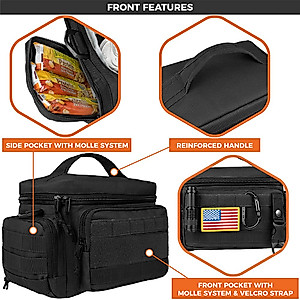 opux Tactical Lunch Box for Men, Insulated Lunch Bag for Men Adult, Large Soft Lunch Cooler with MOLLE Mesh Side Pockets, Heavy Duty Mens Tactical Lunchbox Pail for Work Meal Prep (Black)