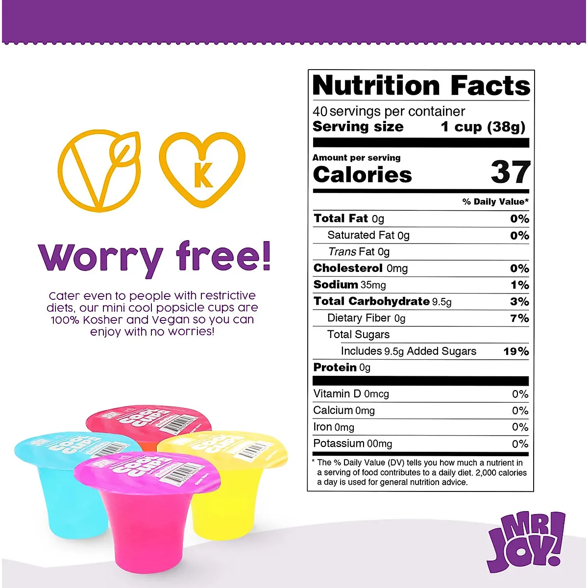 Mr. Joy Soft Italian Ices -Ships Non Frozen Assorted Flavors Mini Cool Cups Variety Pack (40 x 1.34oz) - Freeze & Enjoy - 40 Pantry-safe Mini Italian Ices Dessert Cups (1 Box (40 Cups))