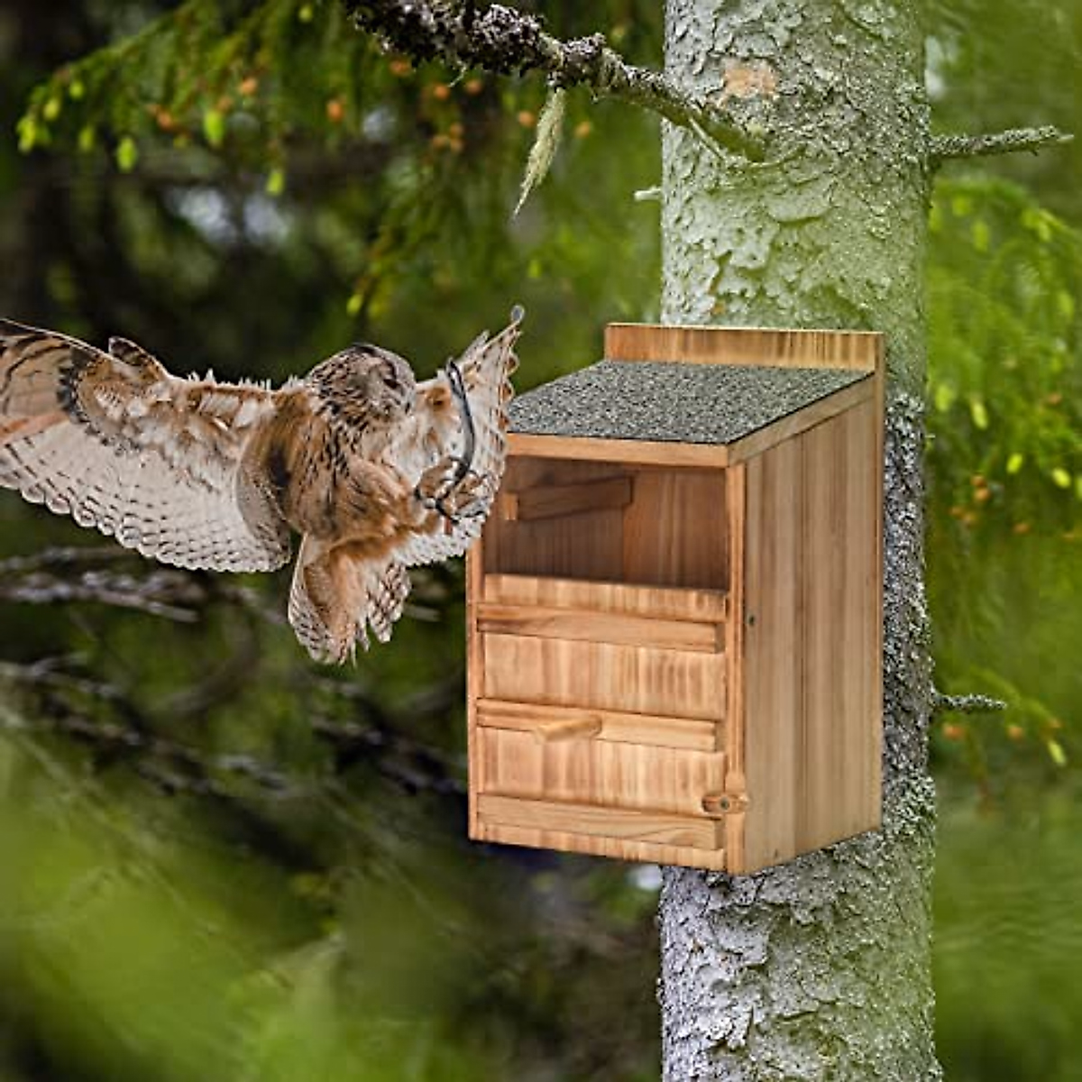 Owl House,Screech Owl House with Bird Stand,Owl Nesting Box,Barn Owl Bird House,Large Handmade Wooden Rectangular Opening Bird Box,with Mounting Screws, Easy Assembly