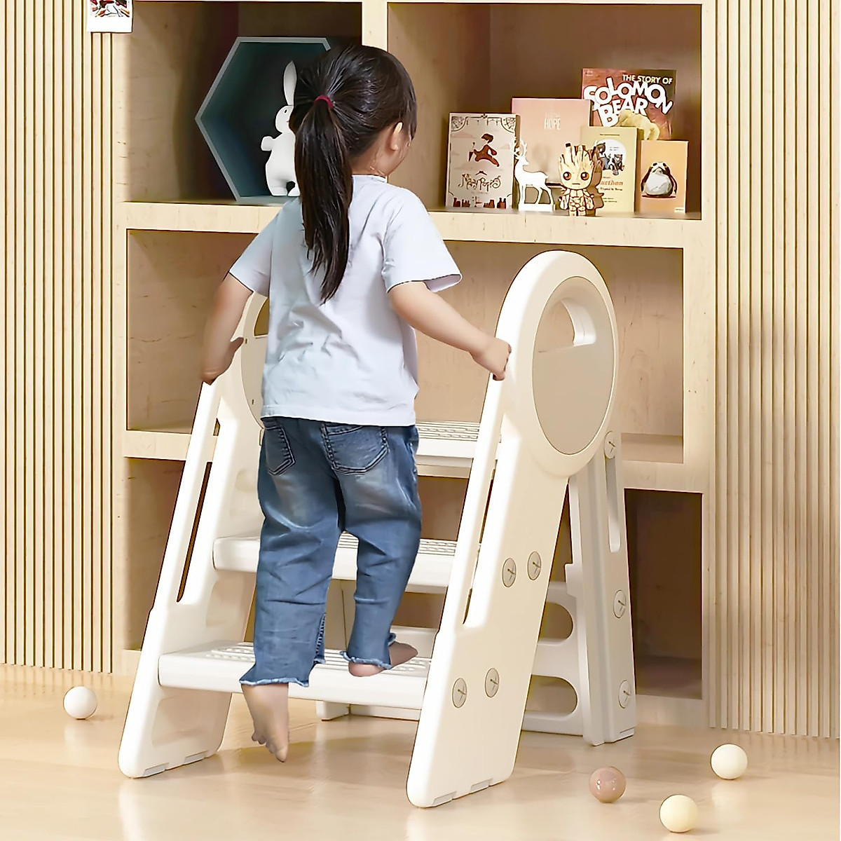 Nisorpa Toddler Step Stool, Kid’s 3 Step Ladder Foldable Toddler Helper Stool with Non-Slip Rubber Pads for Bathroom Sink Kitchen Counter Kids Toilet Potty Training (3 & 2 Step Adjustment)