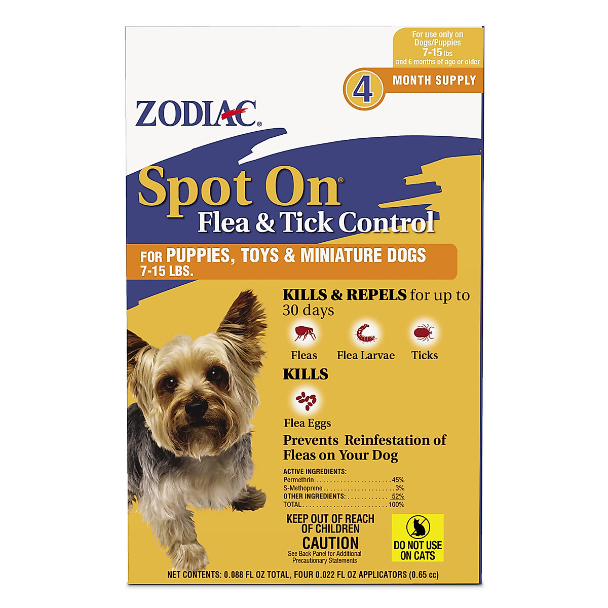 Zodiac Spot On Flea & Tick Control Puppies, Toys and Miniature Dogs 7-15 lbs 4 Pack