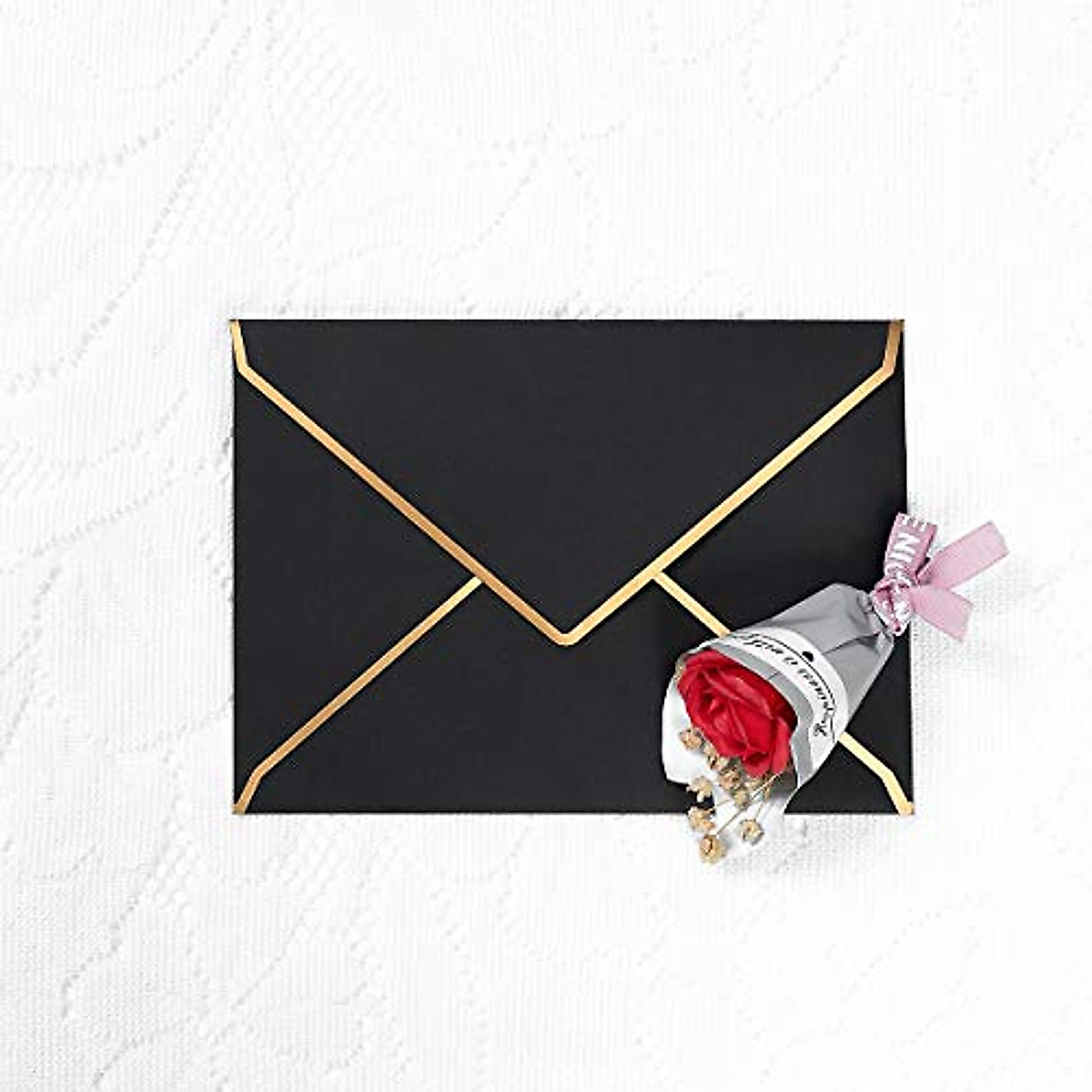 50 Pack A7 Envelopes 5 x 7 Card Envelopes Self-Adhesive V Flap Envelopes with Gold Border for Office, Wedding Gift Cards, Invitations, Graduation, Baby Shower, Parties (Black)