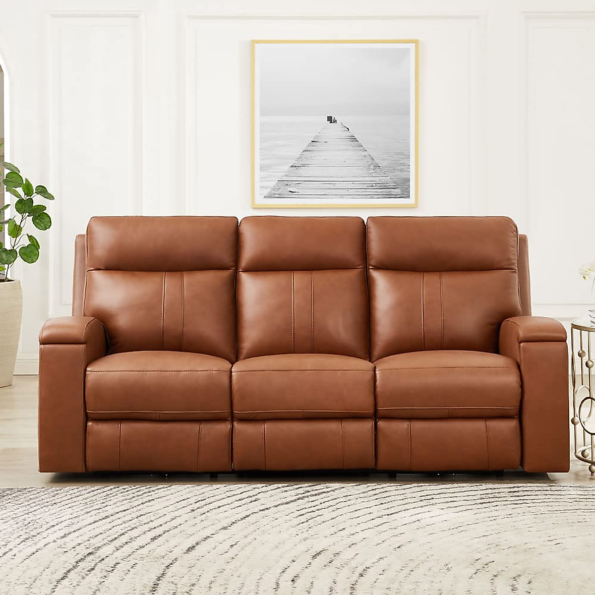 Hydeline Venice Zero Gravity Power Recline and Headrest Top Grain Leather Sofa Couch with Hidden Cup Holder, 86", Nutmeg Brown, Memory Foam, Pocket Coils and Control Panel