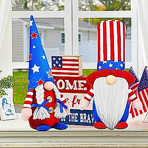 2PCS 4th of July Gnome Patriotic Gnomes Plush Independece Gnomes Decorations Couple Handmade Swedish Tomte Gnomes Ornaments for Patriotic Party Table Decoration Tiered Tray Decorations Fireplace Decor