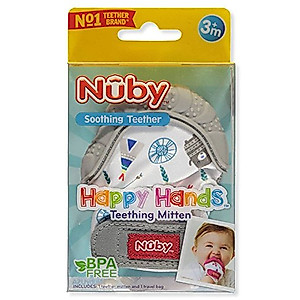 Nuby Soothing Teething Mitten with Hygienic Travel Bag, Grey, 1 Count (Pack of 1)