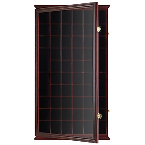 DisplayGifts Solid Wood Shot Glass Shooter Display Case Holder Cabinet Wall Rack Hinged Glass Door 56 Slot Cherry Finish