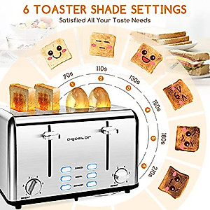 Toaster 4 Slice Wide Slot Stainless Steel Toasters with Bagel, Reheat, Cancel, Defrost Function, 6 Shade Settings, Removable Crumb Tray, 1550W, Aigostar