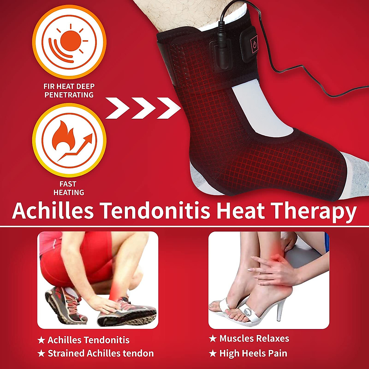 CREATRILL Heated Achilles Tendonitis/Plantar Fasciitis Foot Ankle Wrap With 3 Level Controller, Pad for moist heat Therapy, injuries Pain Relief for Sprains, Strains, Arthritis, Torn Tendons