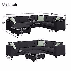 FIQHOME 7-Seat Reversible Chaise, L Shaped Ottoman, Living Room, Modular Sectional Fabric Sofa Corner Couch Set with 3 Pillows, Black