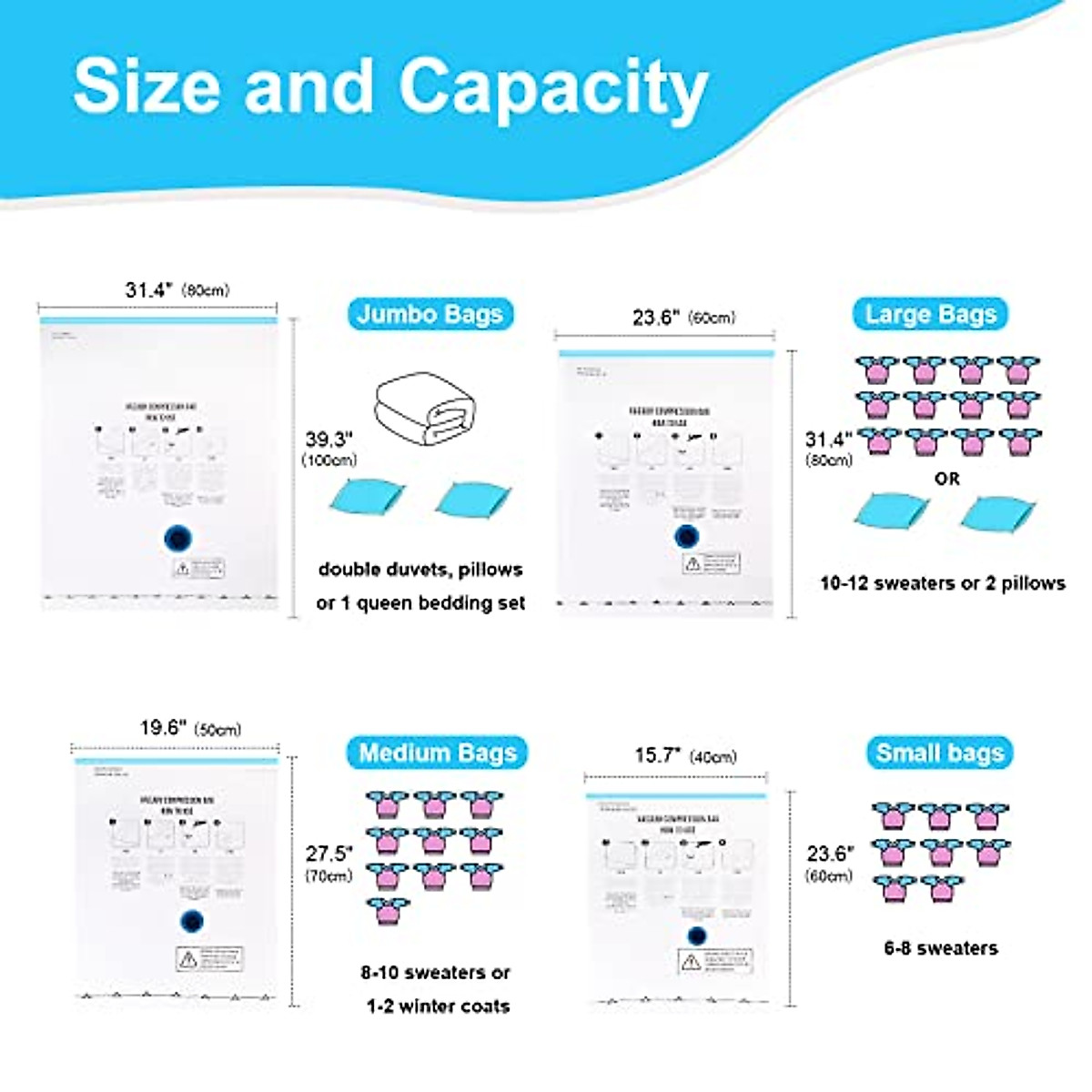 SUPFOO 12 Pack Space Saver Vacuum Storage Bags with Electric Pump (4 Jumbo/4 Large/4 Medium) Double Zip Seal,Vacuum Seal Bags Fit Clothes,Comforters,Blankets,Mattress,Duvets,Pillows,Travel