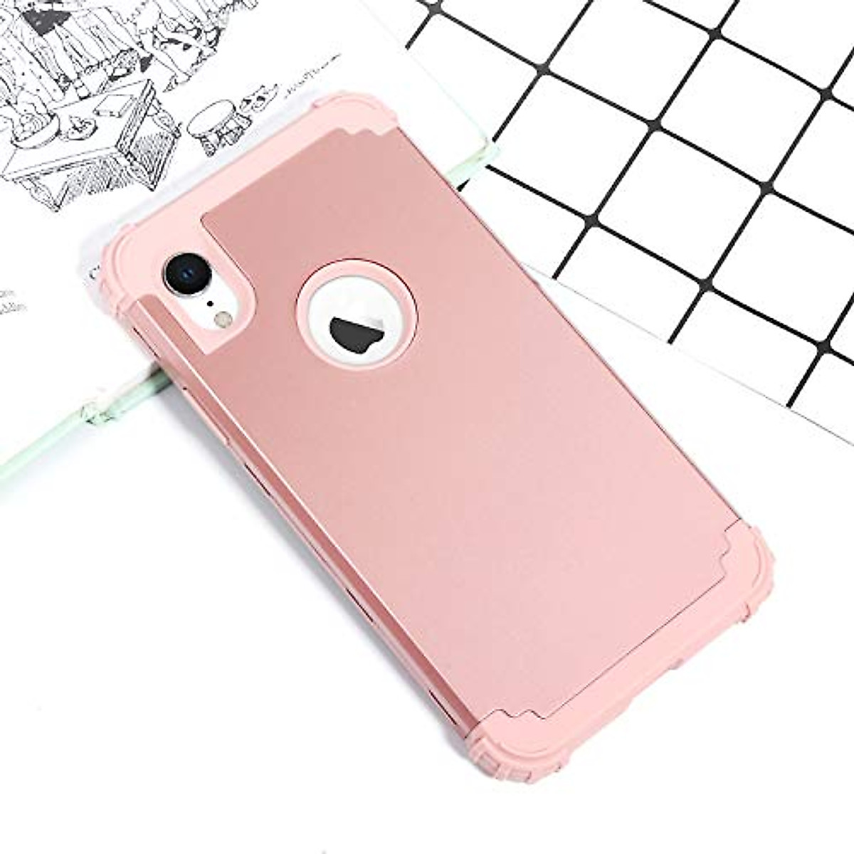 IDweel iPhone XR Case with Tempered Glass Screen Protector, iPhone XR Case for Women, 3 in 1 Shockproof Slim Hybrid Heavy Duty Hard PC Cover Soft Silicone Bumper Full Body Case, Rose Gold