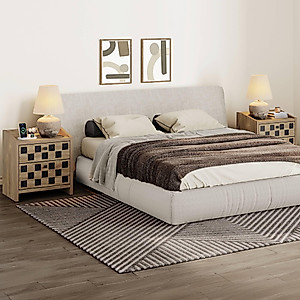 SICOTAS Wide Nightstands Set of 2 with Charging Station and USB-C Port, 24" Large Wood Night Stand with 2 Drawers, Bedside Table with Checkered Pattern Decor, End Side Table with Storage for Bedroom