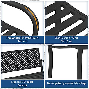 Maemttes 50 Inch Heavy-Duty Outdoor Bench, Metal Weatherproof Garden Bench with Decorative Backrest Anti-Rust Cast Iron Patio Bench for Park, Porch…