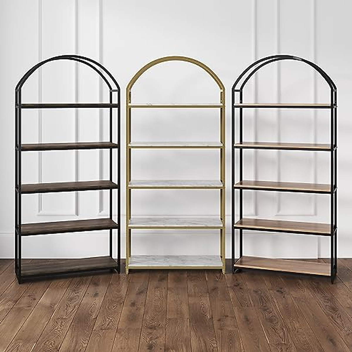Nathan James Haven Etagere Bookshelf, 5-Shelf Bookcase in Nutmeg Wood and Black Metal Frame with Arch Top and Open Shelves, Nutmeg/Black
