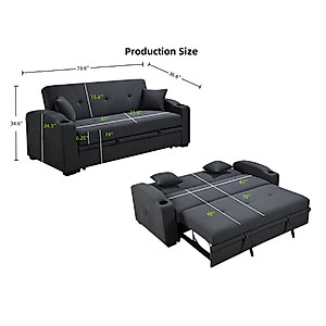 ZIGHTH 75'' Convertible Queen Size Sleeper Sofa Bed with Cup Holders, Modern Linen Loveseat Sofa Couch with Pull Out Bed and Adjustable Backrest for Living Room, Apartment, Bedroom. Dark Blue