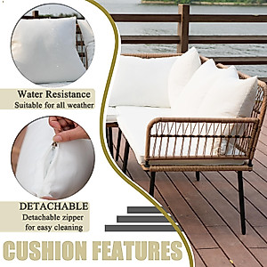 Homsido 4 Pieces Patio Sectional Furniture Chairs Set Boho Water-Resistant Outdoor Indoor Wicker Sectional Sofa Beige Woven PE Rattan Conversation Chat Set with Rect Side Table(White Cushions)