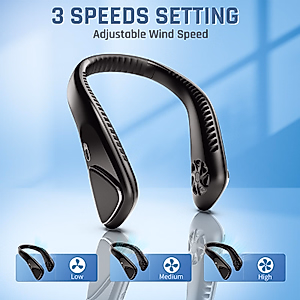 Neck Fan, Bladeless Neck Fan with 5000mAh Rechargeable Battery, Low Noise, Non-Slip Design, 3-Speed & 360° Adjustable Angle, Personal Hands Free Fan for Travel Camp Outdoor Indoor(Black)