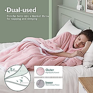 netoolen Wearable Blanket Poncho Women, 66 x 80 inches Blanket Hoodie Cape with Pockets, Dual- Used Keep Warm Cozy Sherpa Fleece Oversize Sweatshirt Throw for Home Office Couch Outdoor, Pink