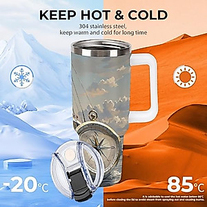 LLUTSNTH 40 Oz Vacuum Tumbler with White Handle Leakproof Insulated Tumbler Ship And Compass Stainless Steel Travel Mug with Lid And Straw Coffee Cup Cute Water Bottles Cup Holder Friendly