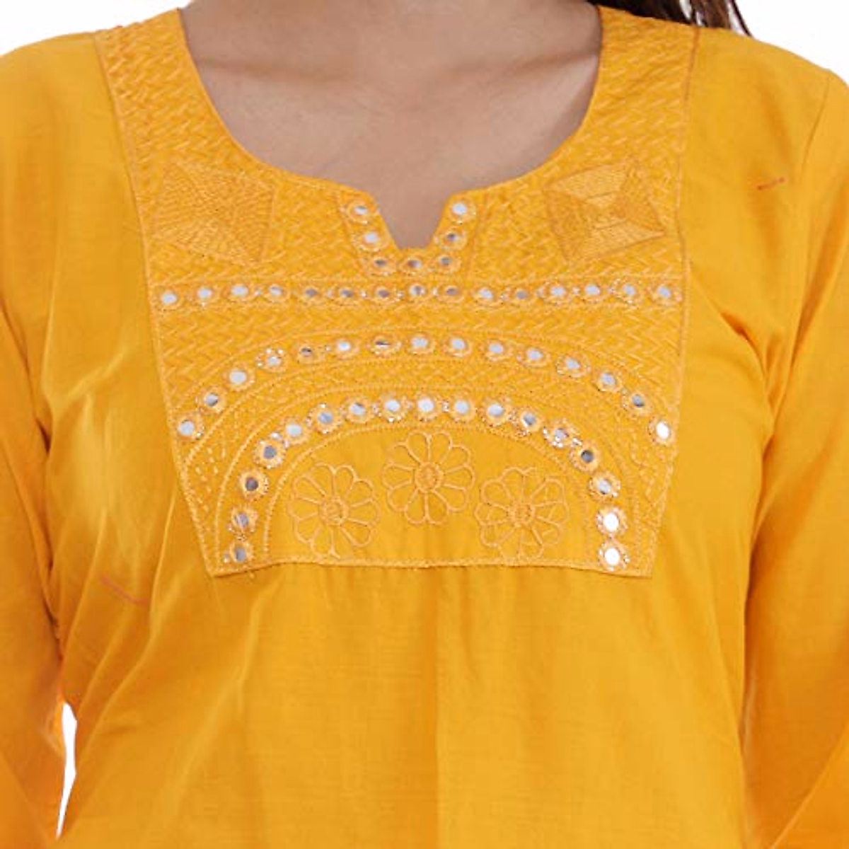Ramkudi Indian Women's Plain Embroiderd Cotton Straight Kurti Top (Yellow)