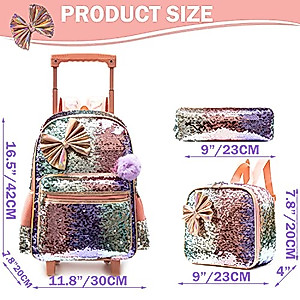 Bowknot Rolling Backpack for Girls Roller Backpacks with Wheels Kids Wheeled Sequin Suitcase Trolley Trip Luggage for Elementary School Student with Lunch Box Pencil Case for Kids 5-12 Years Old