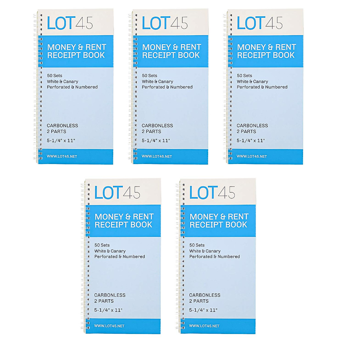 Lot45 Money Rent Receipt Book for Small Business 5 Piece Set, 5x11in - Cash Receipt Books 2 Part Carbonless Spiral Bound