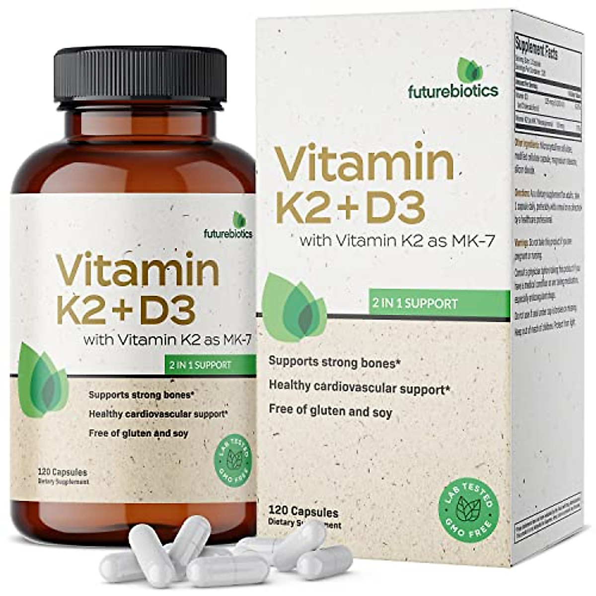 Futurebiotics Vitamin K2 (MK7) with D3 Supplement - Non-GMO Formula - 5000 IU Vitamin D3 & 90 mcg Vitamin K2 MK-7, 120 Vegetarian Capsules