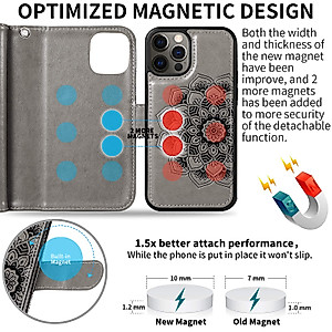 CASEOWL Compatible for iPhone 12 Pro Max Case Wallet Magnetic Detachable 2 in 1 Mandala Embossed Leather Flip Wallet Case with 9 Card Slots,Hand Strap for Women (Gray)