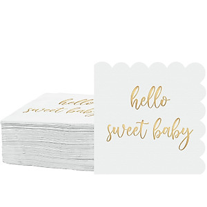 Zhanmai 100 Pcs Scalloped Baby Shower Napkins Hello Sweet Decorations Paper White and Gold Napkins Disposable Luncheon Cocktail Napkins Folded 5 x 5 Inch for Baby Shower Party Decor
