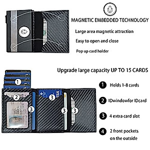 Pop Up Wallet Smart Wallet For Men,Stealth RFID Blocking Mens Credit Card Holder,Aluminum Trifold Leather Wallets With ID Window,Front Pocket Compact Wallet For Men And Women(Carbon Fiber Black)