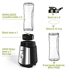 HERRCHEF Smoothie Blender, Blender for Shakes and Smoothies, 350W Powerful Personal Blender with 2 x 20oz Portable Bottle, Single Bullet Blender Easy To Clean, BPA Free