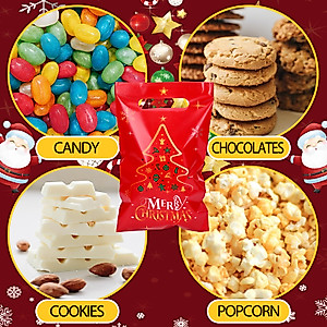 Hotop 150 Pcs Christmas Treat Bags Christmas Tree Goodies Bags Bulk Plastic Candy Treat Snacks Bags with Handles for Holiday Cookie Goody Gift Merry Christmas Party Favor Supplies, 6 Styles