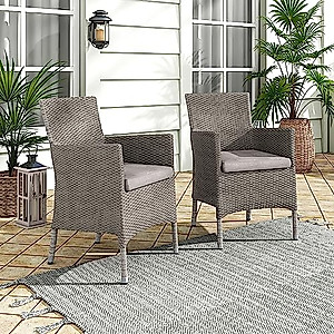 Muse & Lounge Co. Pecos Transitional Metal and All-Weather Wicker Patio Armchairs with Cushion, Set of 2 for Outdoor, Poolside, Garden, Yard, Gray