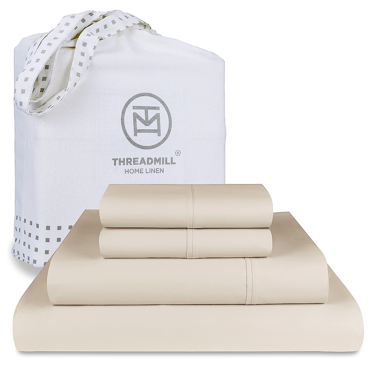Threadmill Cotton Full Size Sheet Set| 100% Cotton Sheets for Full Size Bed | Solid Sateen Full Bed Sheets Set with 16” Elasticized Deep Pocket | Soft Breathable 4-Piece Cooling Sheet Set | Beige