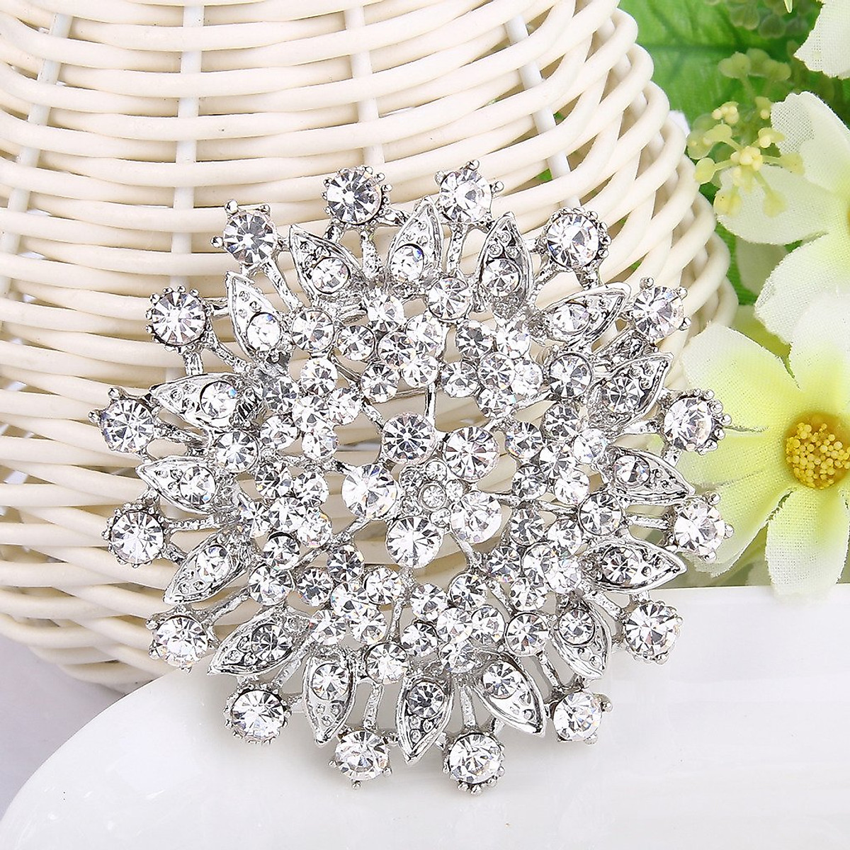 EVER FAITH Women's Austrian Crystal Elegant Flower Leaf Bridal Corsage Brooch Pin Clear Silver-Tone