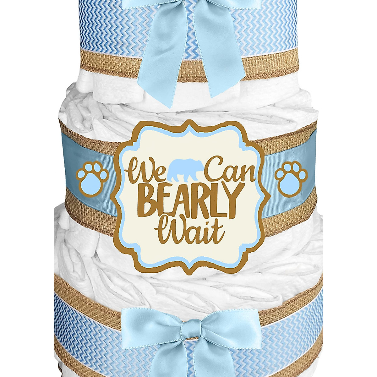 Teddy Bear Diaper Cake - We Can Bearly Wait - Baby Gift for a Boy - Burlap and Blue