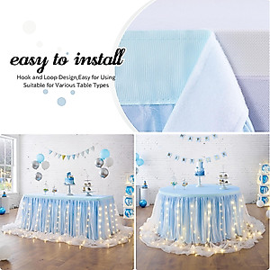 leegleri Baby Blue Tulle Table Skirt for Baby Shower,6FT Blue Ruffle Tutu Table Skirt with LED Light for Elephant Birthday Party Ocean Baby Shark Gender Reveal Cake Table Decorations