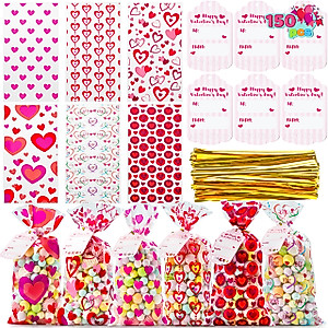 JOYIN 150 Pcs Valentine's Day Cellophane Gift Bag with Gift Tag, Candy Bag with 6 Valentine’s Themed Designs for Kids Party Favor, Classroom Exchange Prizes,Valentine’s Goody Bag