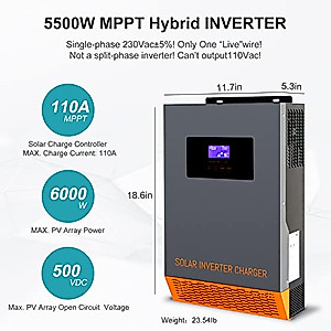 PowMr Solar Inverter 5500W 48V to 230Vac,Off-Grid Hybrid Power Inverter Built-in 110A MPPT Controller, Max.PV Input 6000W, 500V and fit for Lead-Acid, Lithium and no Battery