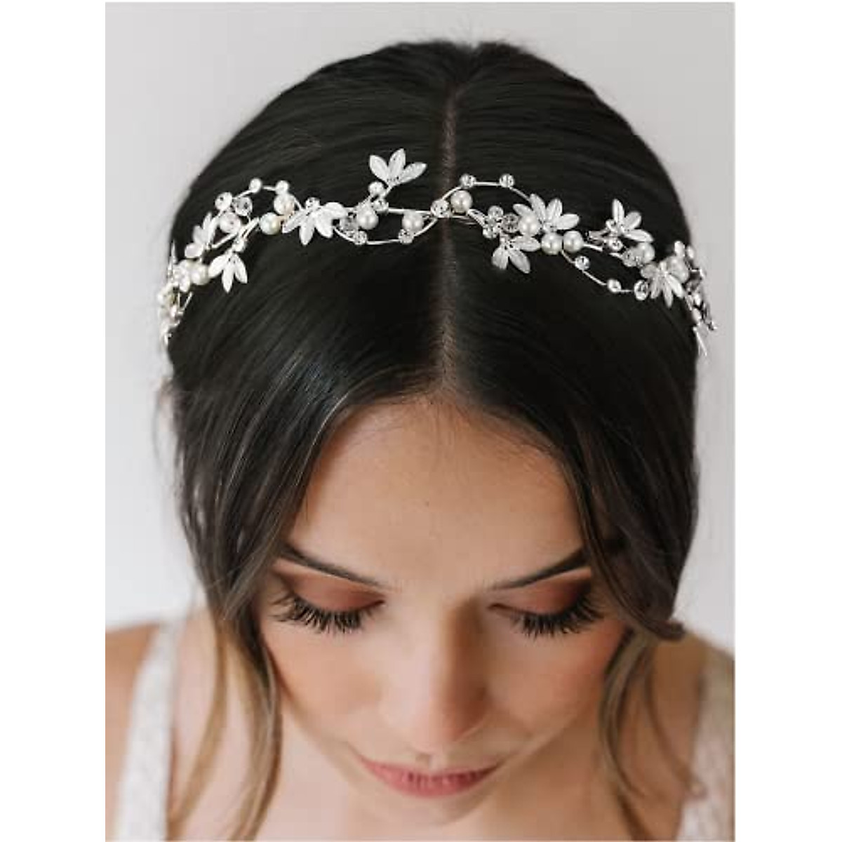 SWEETV Bridal Pearl Headband Silver-Leaf Crystal Bridal Headpiece Wedding Hair Accessories Jewelry Tiara for Women, Diameter: 14.5 cm